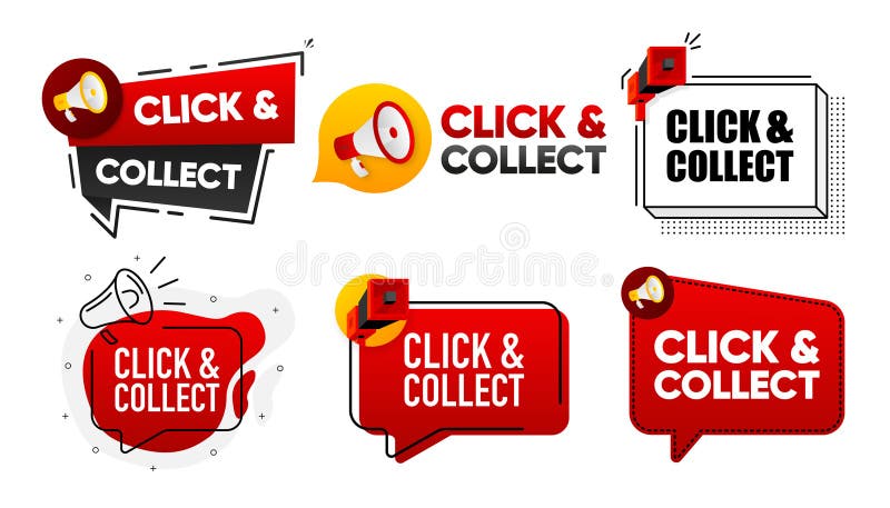 Click and Collect. Megaphone Label Collection with Text. Marketing and ...