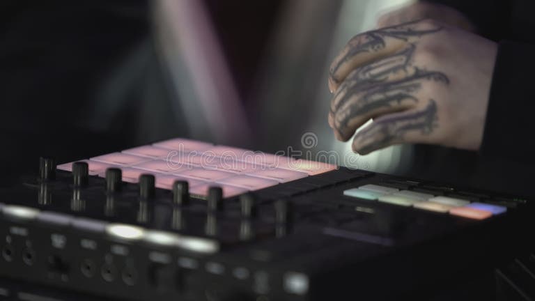 Click Colored Squares on Mixer Panel. ART. Hands in Dark Room are ...