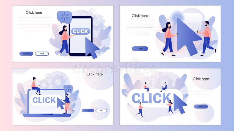 Click Here Button. Cursor Pointer Sign. Tiny People with Huge Mouse Arrow Click. Internet ...