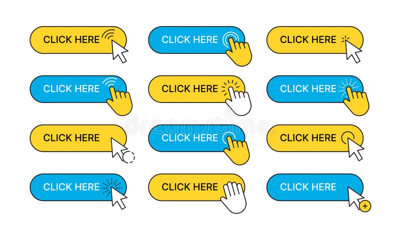 Click Here Buttons. Web Ui Navigation Elements Arrows Hand Click Pointers Garish Vector ...