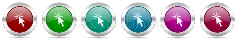 Click Here Silver Metallic Vector Icon Set, Round Glossy Buttons with ...