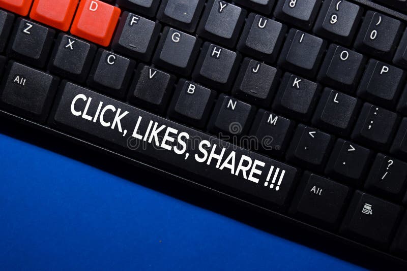 Click, Likes, Share!!! Write on Keyboard Isolated on Laptop Background ... Click, Likes, Share!!! Write on Keyboard Isolated on Laptop Background ...