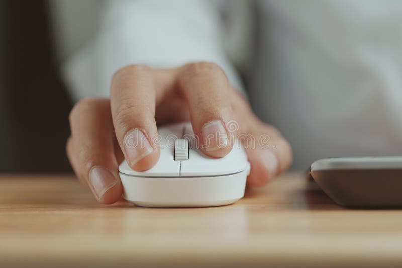 Click White Computer Mouse on a Work Desk. Working with a PC or Laptop ...
