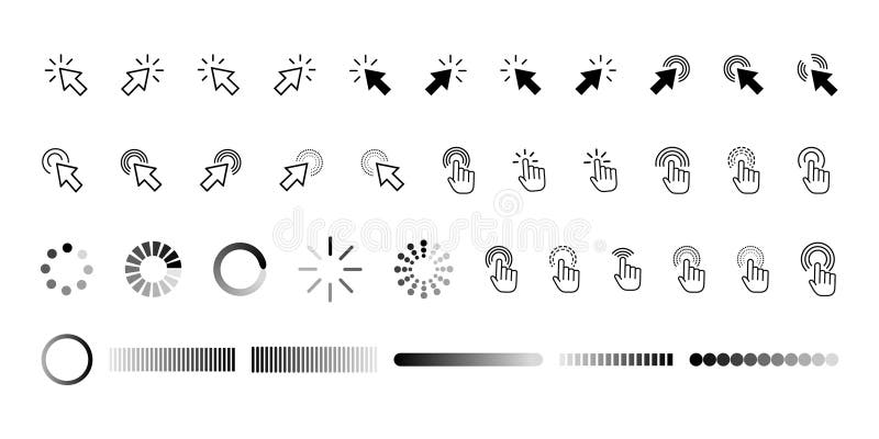 Clickable Arrow Icons Highlighting Interaction. Pointing Hand Clicks and Waiting Loading Icons ...