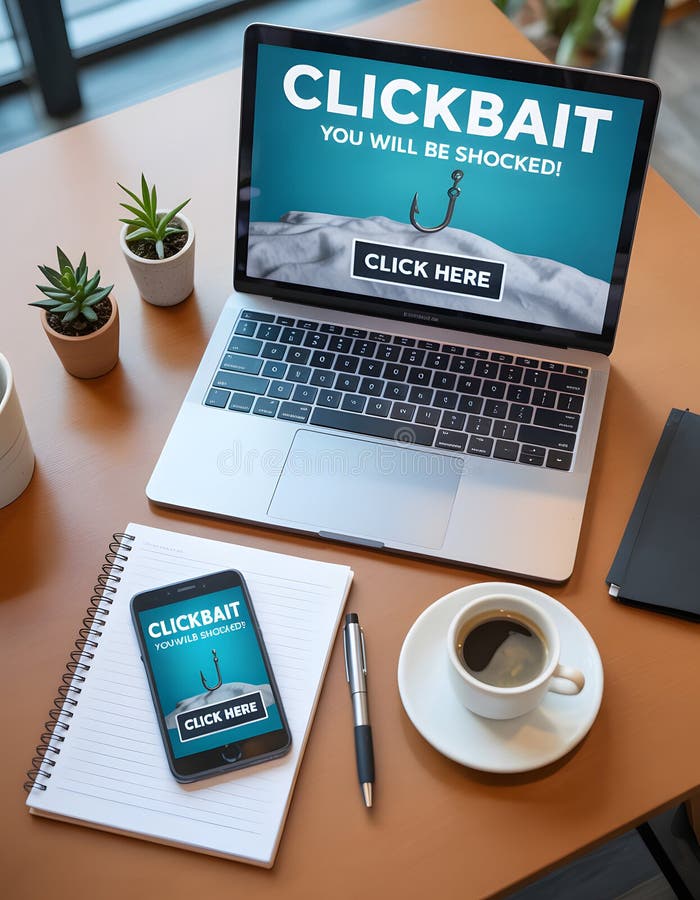 Clickbait Concept on a Laptop and Phone, Highlighting Internet ...