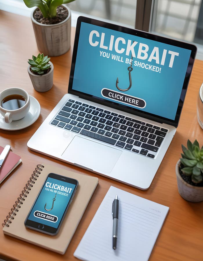 Clickbait Concept on a Laptop and Smartphone, a Warning about Online Deception Stock ...