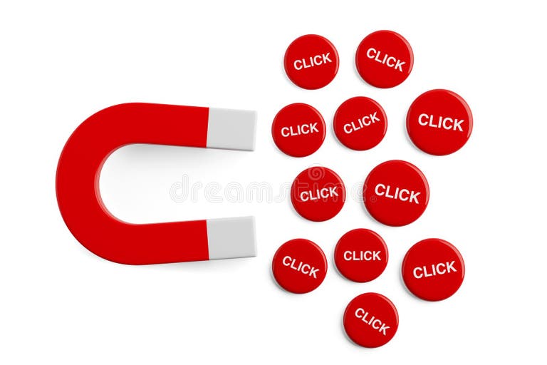 Clickbait Strategy Concept. Red Magnet Attracting Red Buttons with ...