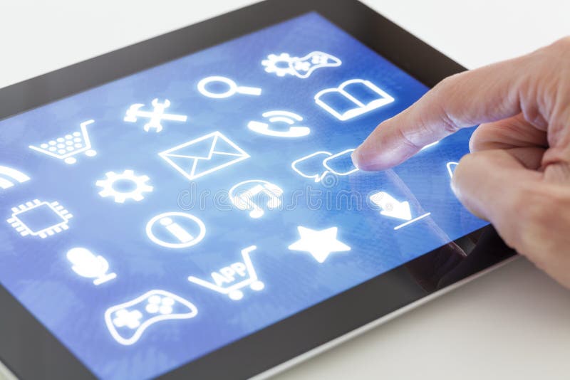Clicking on a Tablet with Touchscreen Interface Stock Image - Image of ...