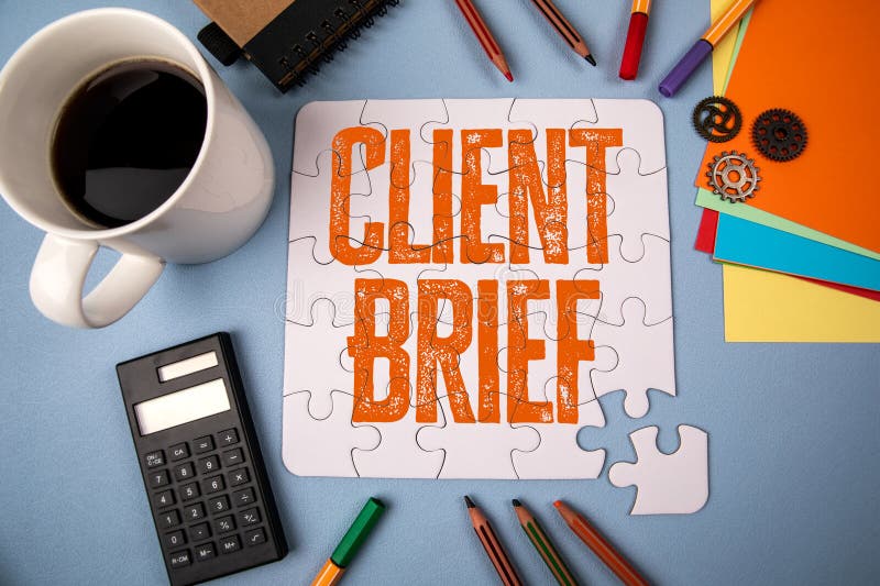 Client Brief Puzzle Concept with Stationery and Coffee. Stock Image ...