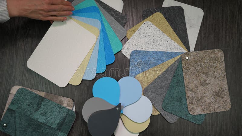 The Client Chooses the Color and Structure of His Pool. Samples of PVC ...