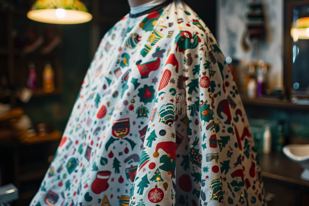 Client Draped with a Holiday Patterned Barber Cape Stock Photo - Image ...