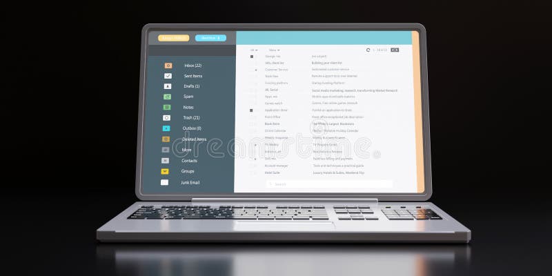 Client Mail List on Laptop Screen Isolated on Black. Email Message ...