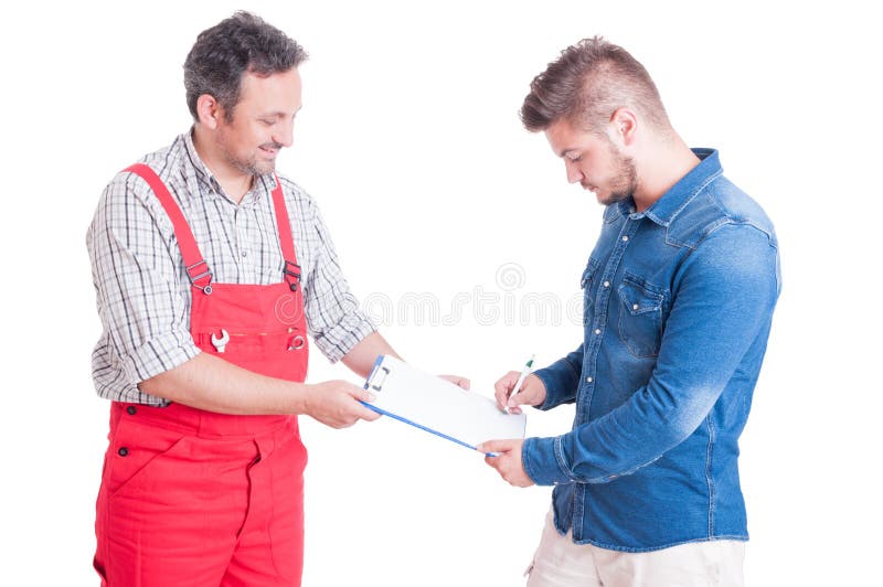 Client Signing Car Service Papers on Clipboard Held by Mechanic Stock ...