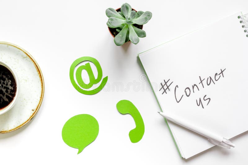 Client Support Service Workdesk with Contact Us Signs White Background ...