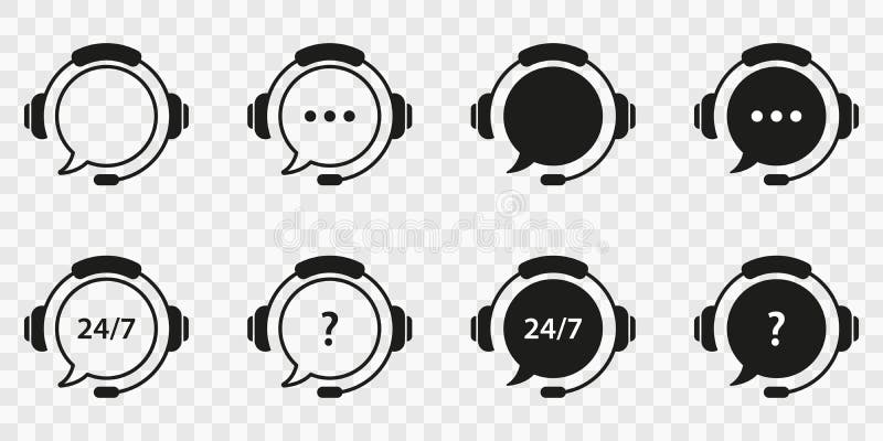 Client Support Silhouette and Line Icons Set. Headset with Question Mark, Ellipsis on ...