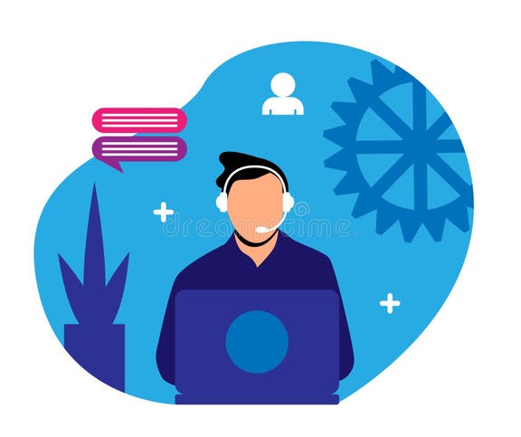 Client Support Worker with Computer and Headset Working in the Office ...