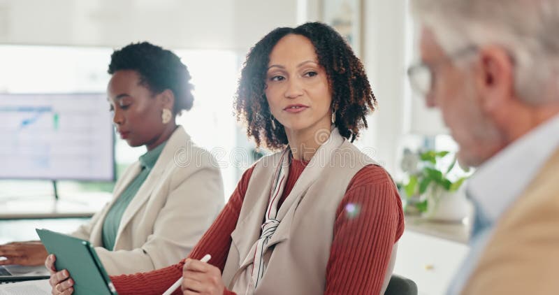 Client, Tablet and Presenting of Research in Business Meeting, Reading ...