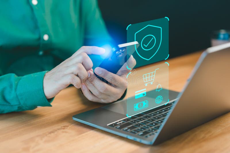 Client Use a Smartphone and Laptop with Sign of Security Protection ...