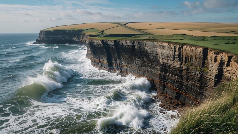 Cliff Base Catching Waves while Wind Bends Grass on Headland Far Above ...