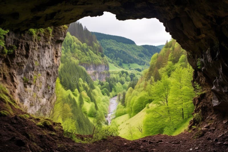 Cliff Cave Opening into a Forested Valley Stock Illustration - Illustration of generated ...
