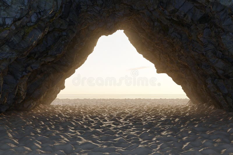 Cliff Cave with a View of the Sea and Sky at Sunset Stock Illustration ...