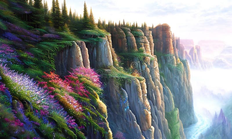 Lush Forest Cliff Face with a River Landscape Generative AI Stock ...