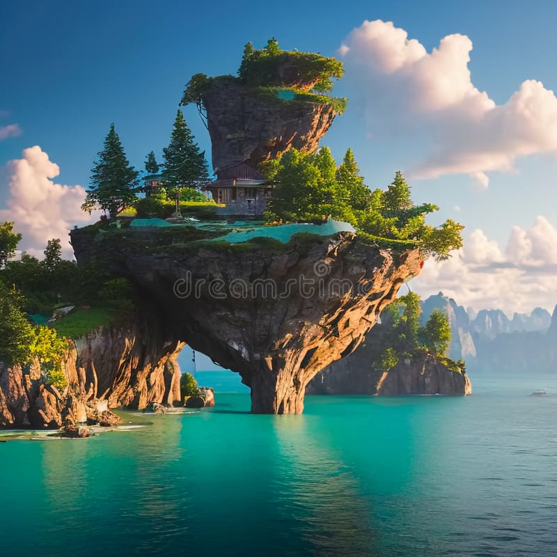 Cliff Hanging Floating Island. Generative AI Stock Illustration ...