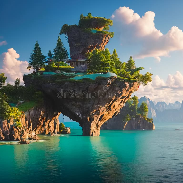 Cliff Hanging Floating Island. Generative AI Stock Illustration ...