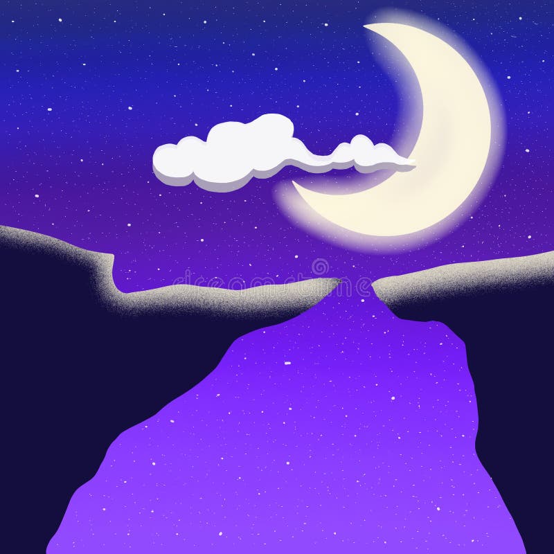 Cliff Mountain Lake Landscape View with Crescent Moonlight at Night ...