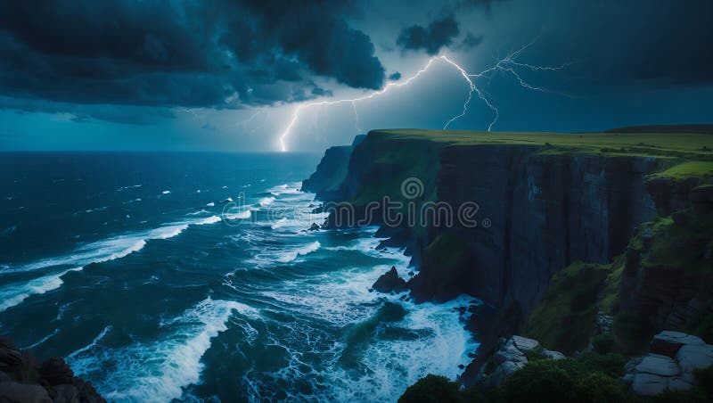 Dramatic Ocean Cliffs with Lightning Storm at Night Stock Illustration ...