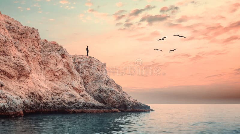On a Cliff Overlooking the Ocean, a Man Dressed in an Orange Jacket ...
