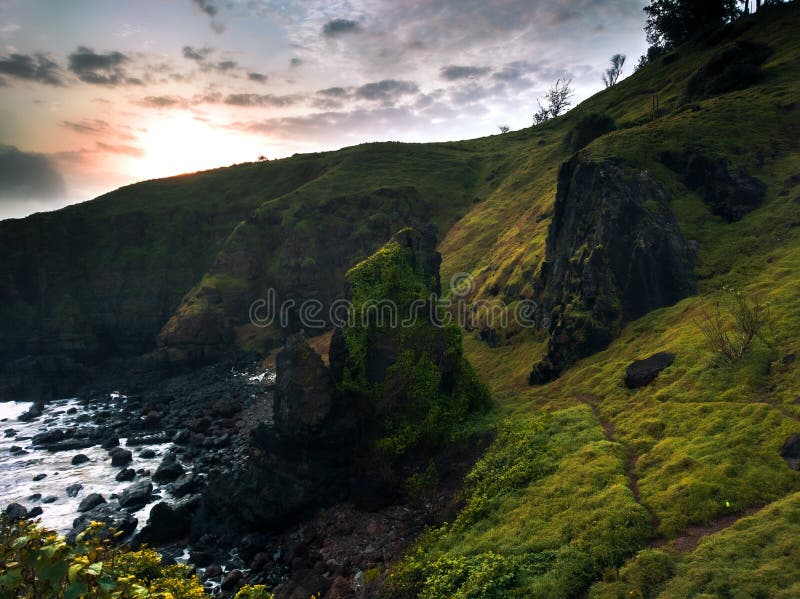 Cliff, Sea, Water Sunset, Goa Stock Image - Image of plateau, hill ...