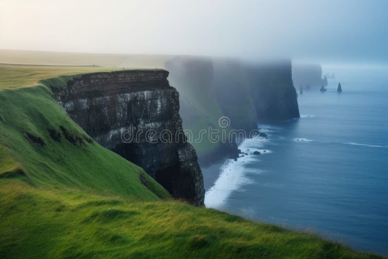 Cliff Shadowed by Dense Rolling Fog at Dusk Stock Illustration ...