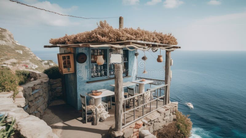 A Cliff Side Rustic Greek Taverna Overlooking the Ocean. AI Generative ...