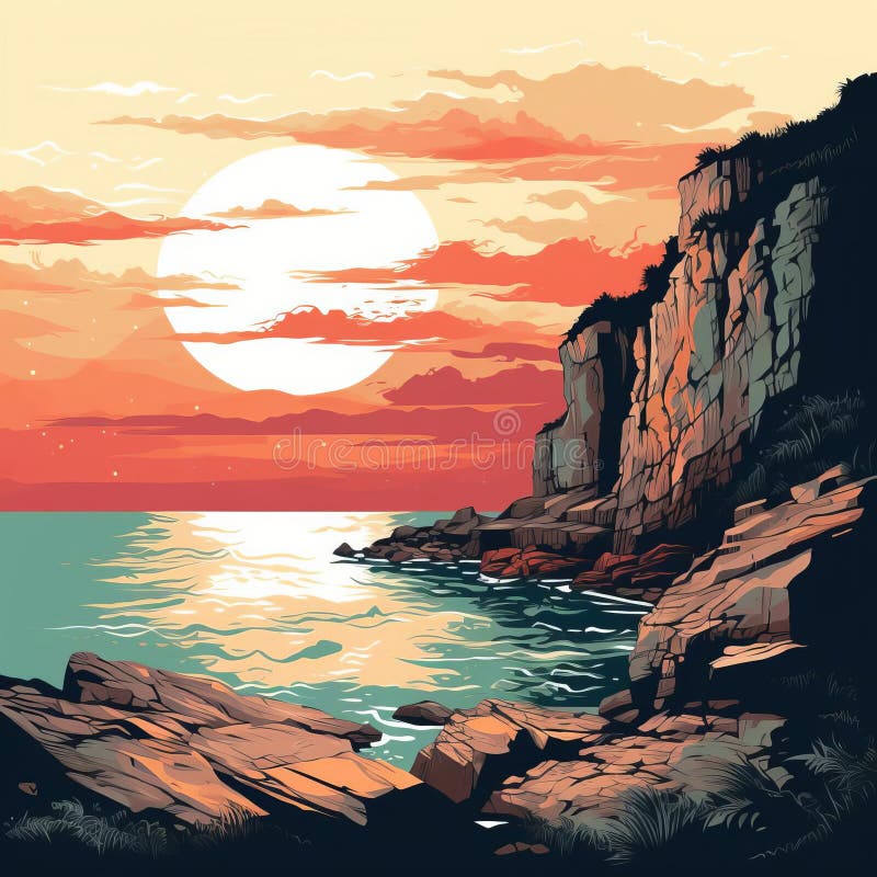 Vintage Sunset Cliff Landscape Vector Graphic Design Elements Stock ...