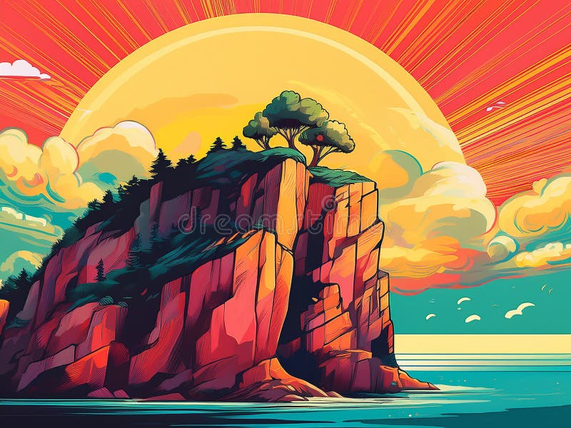 Cliff with Trees, Retro Pop Art Style Stock Photo - Image of water ...
