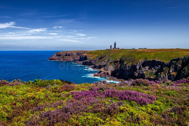 Cliffs at Atlantic Coast with Ancient Lighthouse at Cap Frehel in ...