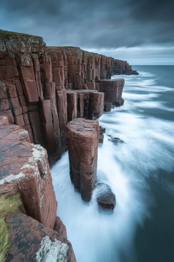 Cliffs and Ocean Waves at Twilight Stock Illustration - Illustration of ...