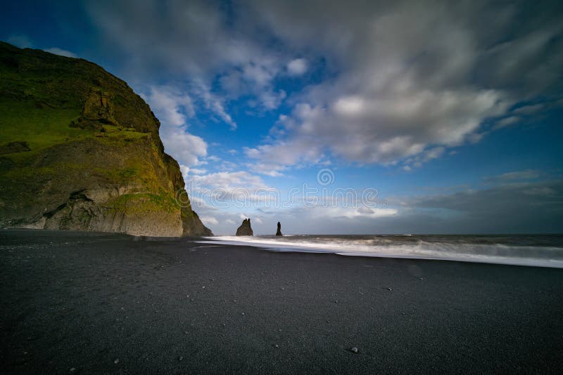 Reynisdrangar Basalt Sea Stacks Viewed from Reynisfjara Beach Seashore ...