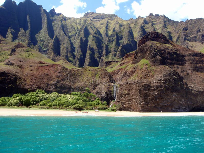 Cliffs and Waterfall at Na Pali Coast, Kauai, Hawaii Stock Photo ...