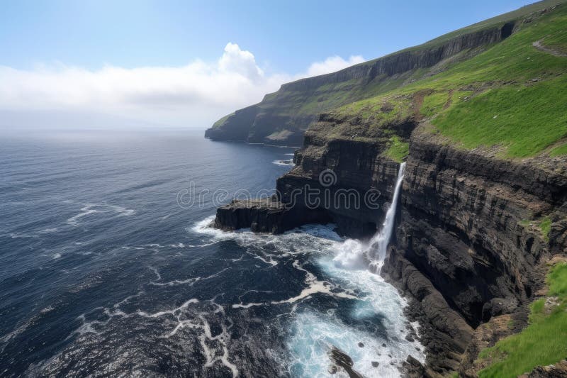 Cliffs and Waterfalls Along the Rocky Coast, with a View of the Open ...