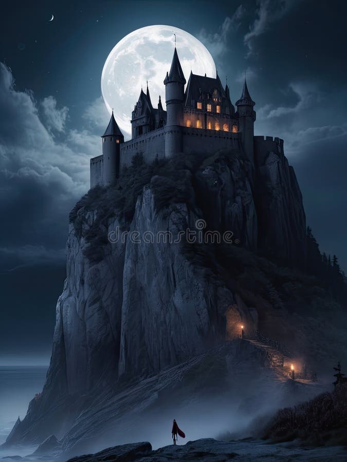 Cliffside Castle with Full Moon in the Background and Dark Cloudy Sky ...