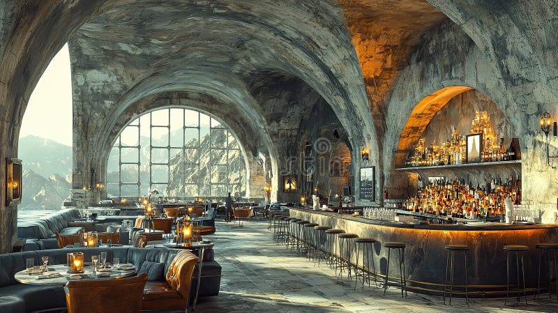 Cliffside Cave Bar with Ocean View at Sunset Stock Illustration ...