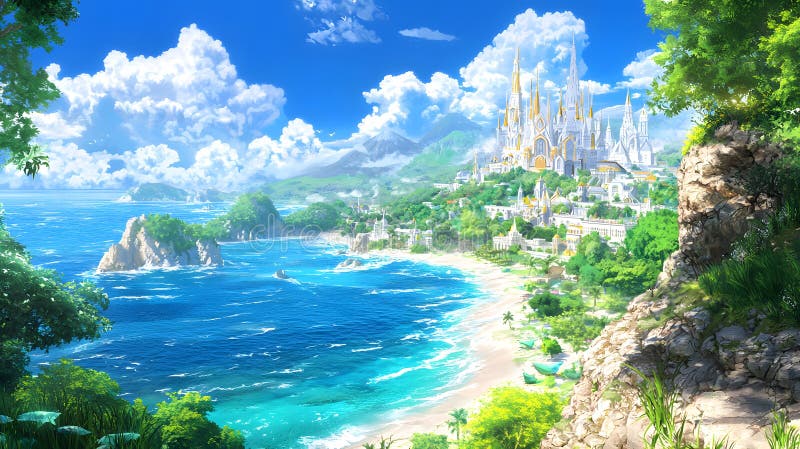 Idyllic Coastal Kingdom Fantasy Beach Scene with Majestic Palace and ...