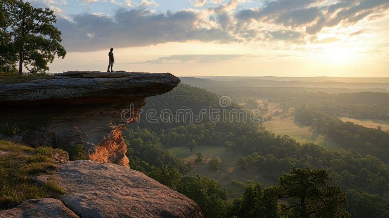 Cliffside Contemplation: Man Overlooking Forest Valley at Sunrise Stock ...