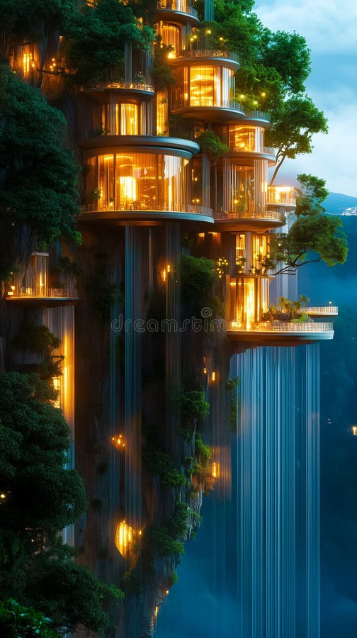 Cliffside Homes Illuminated by Warm Lights Hanging among Trees ...