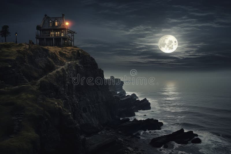 Cliffside House Under Moonlight Overlooking Ocean Stock Photo - Image ...
