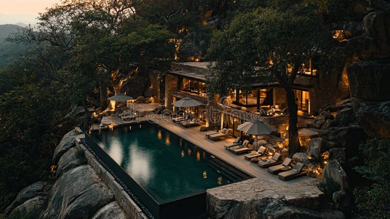 Cliffside Infinity Pool, Luxurious Mountain Resort at Twilight Stock ...