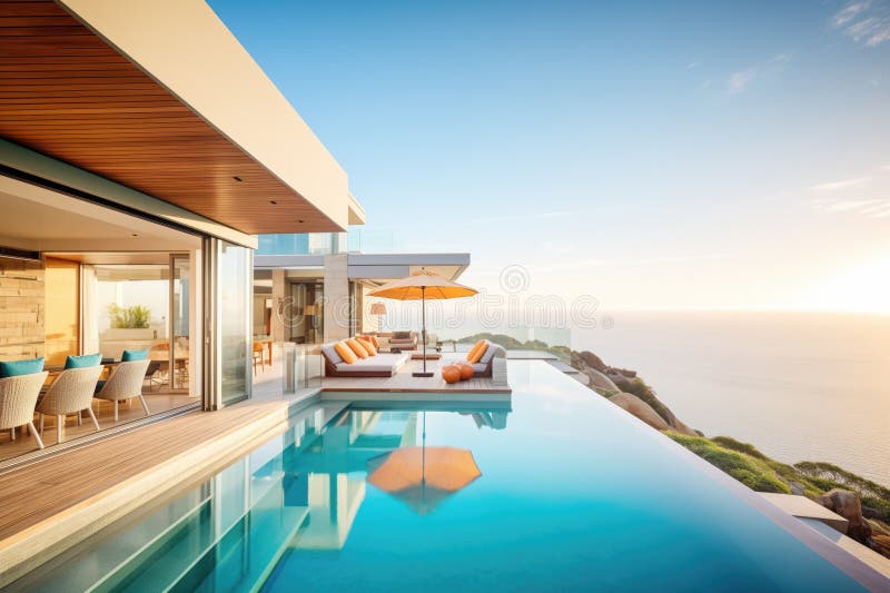 Cliffside Luxury House with Infinity Pool Stock Illustration ...