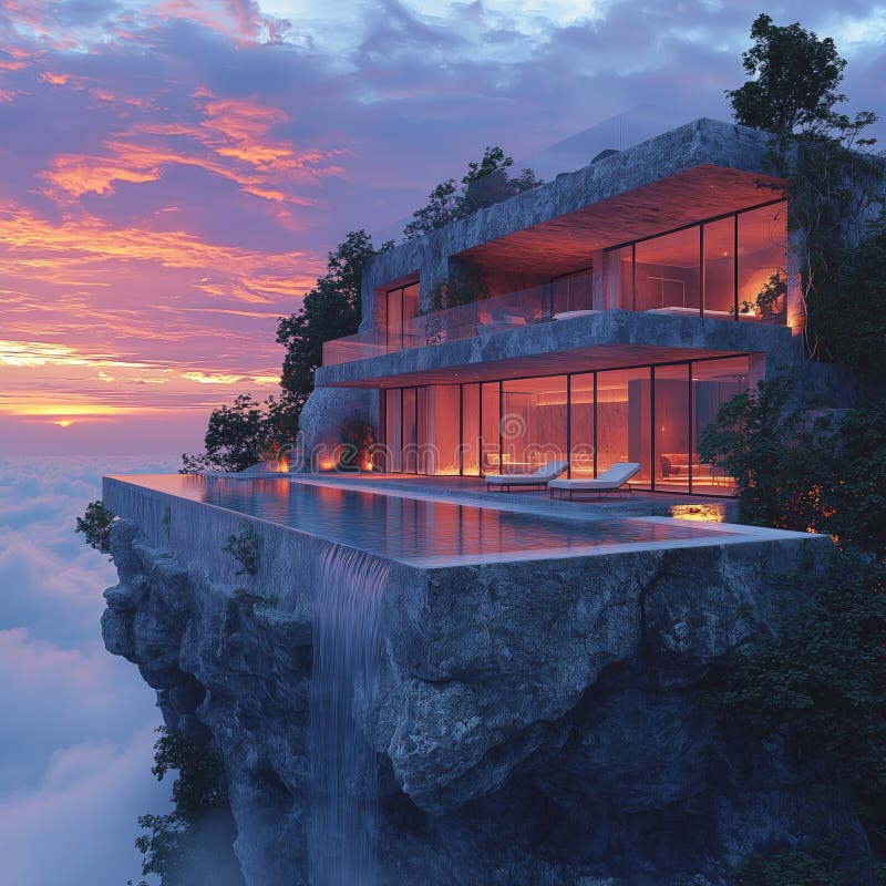 Cliffside Luxury House Infinity Pool Overlooking Sunset Sky Stock ...